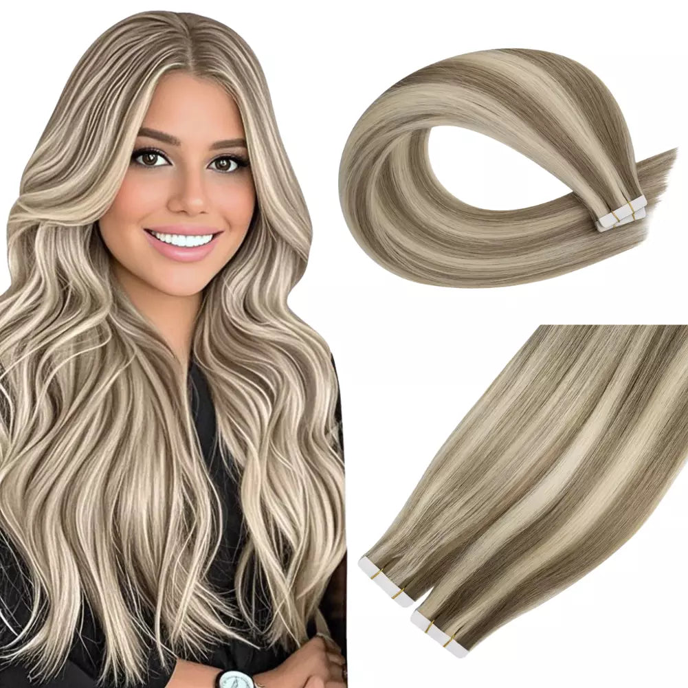 Moresoo Tape In Human Hair Extensions Seamless Tape Highlight Blonde ...